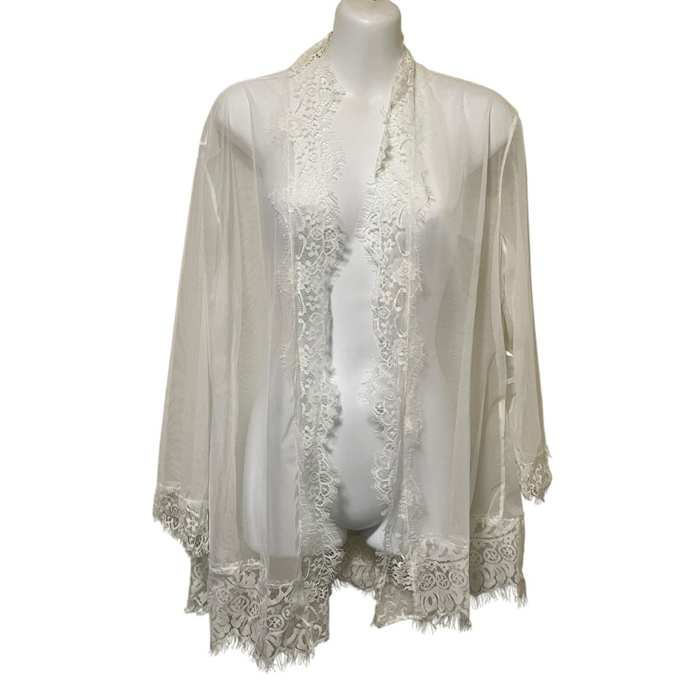 White Sheer Lace Trim Lingerie Cover Intimates Robe - Gem